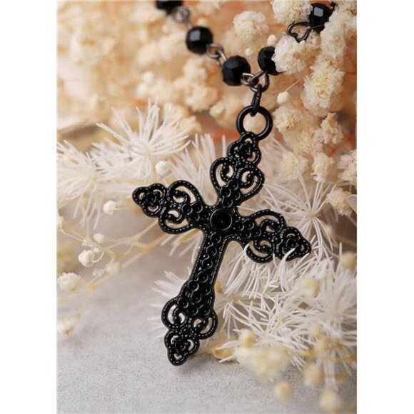 Necklace | Jewelry | Layered Cross Necklace Black Bead Cross Choker ...